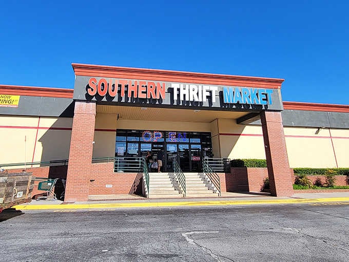 The welcoming entrance to Southern Thrift Market in Norcross promises a treasure-hunting adventure that's worth every step inside this bargain paradise.