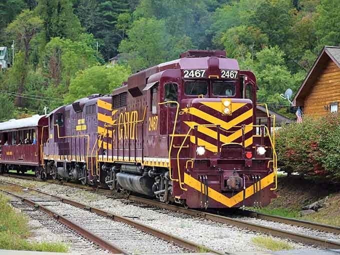 That maroon and yellow diesel locomotive isn't just transportation; it's your ticket to mountain magic on rails.