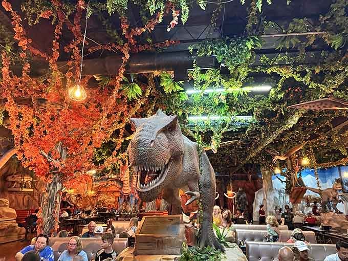 Nothing says "commitment to the theme" quite like a life-sized T-Rex watching you decide between the steak and salmon.