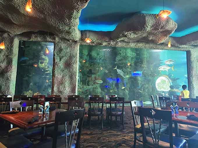 Floor-to-ceiling aquarium views turn every table into prime real estate for the best dinner show in town.