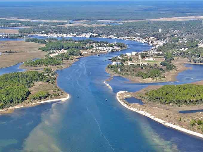 From above, Carrabelle looks like someone spilled a perfectly organized fishing village into the Gulf waters.