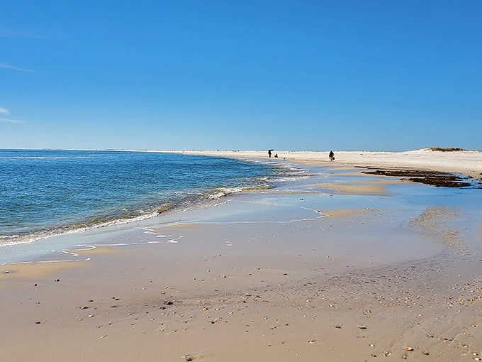 Enjoy a peaceful walk along this pristine shoreline, where sparkling blue waters meet soft white sands under a clear sky.
