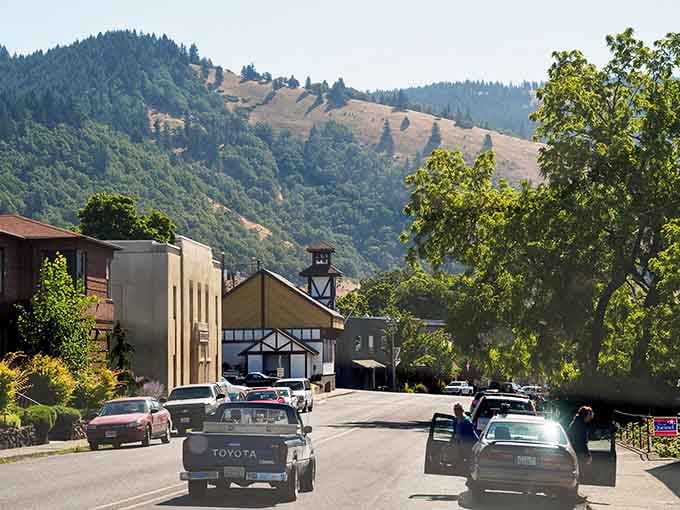 Downtown White Salmon stretches out like a postcard that forgot to exaggerate, with Mount Hood photobombing perfectly.