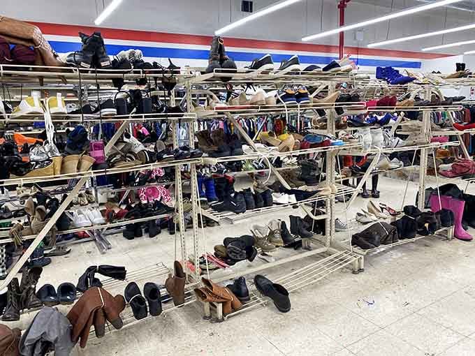 Step into a footwear paradise with endless shelves of shoes, boots, and sneakers waiting to find a brand new home.