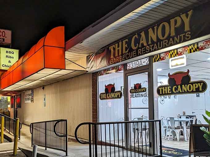That orange canopy isn't just architectural flair, it's a beacon guiding hungry souls to barbecue salvation.