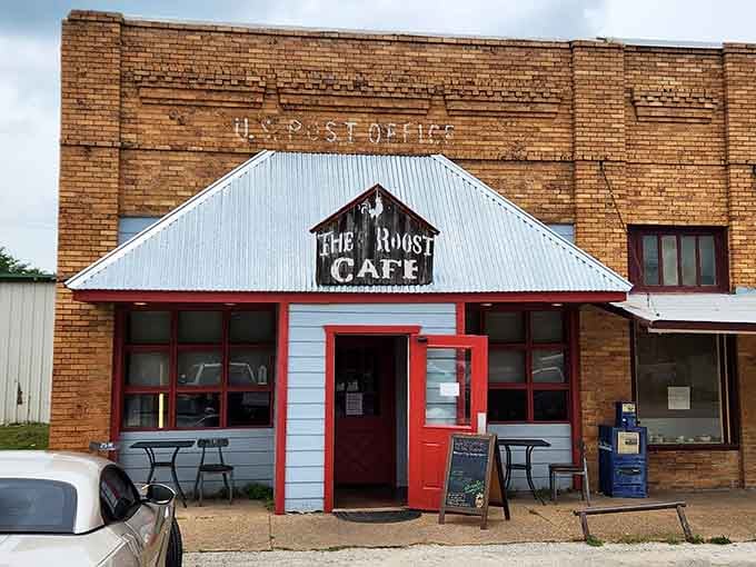That charming barn-style entrance against weathered brick tells you breakfast here comes with a side of small-town character.