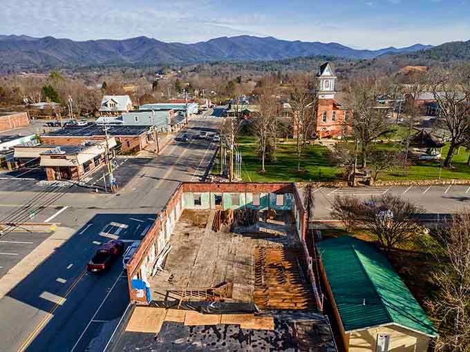 Downtown Hayesville spreads out below those Blue Ridge peaks like a postcard that forgot to exaggerate.