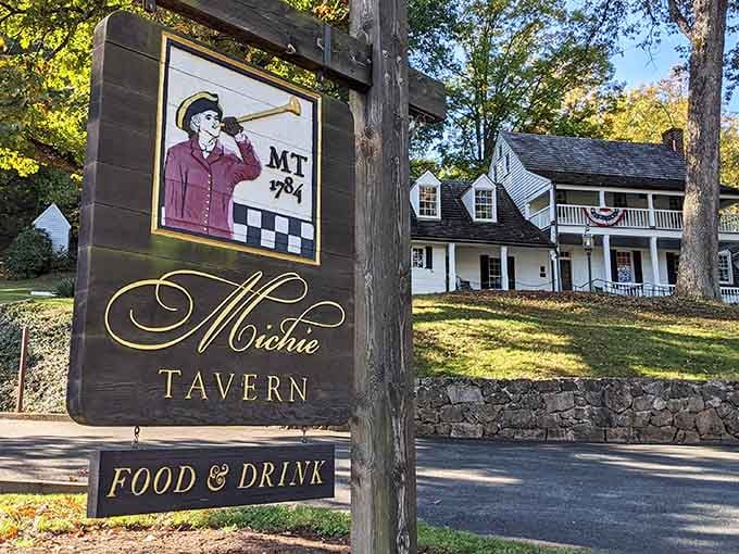 The elegant sign promises food and drink, delivering on both with the enthusiasm of a colonial innkeeper.