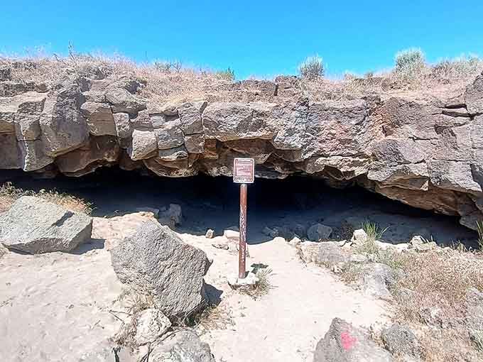 Nature's doorway beckons with shadowy promise, where ancient lava once flowed and now only explorers with flashlights dare venture.