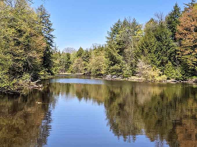 Fall colors reflect perfectly on the calm waters, creating a natural mirror that doubles the beauty all around you.