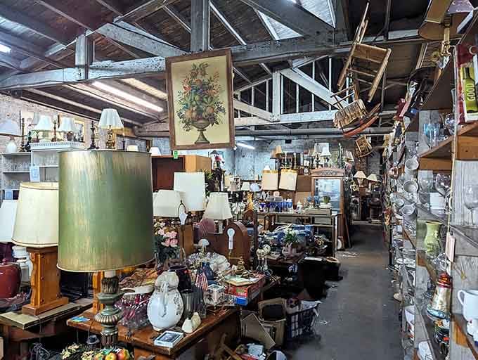 Industrial beams overhead frame a treasure hunter's dream, where vintage lamps and curiosities compete for attention at every turn.
