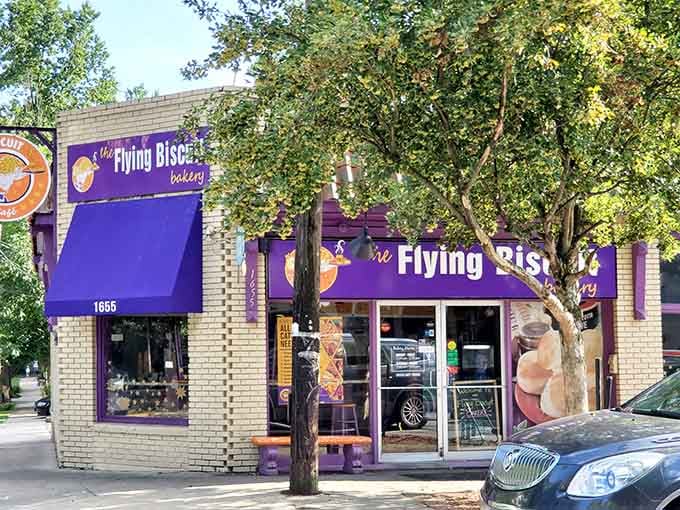 That purple storefront isn't just bold, it's a beacon calling breakfast lovers from blocks away with irresistible promise.
