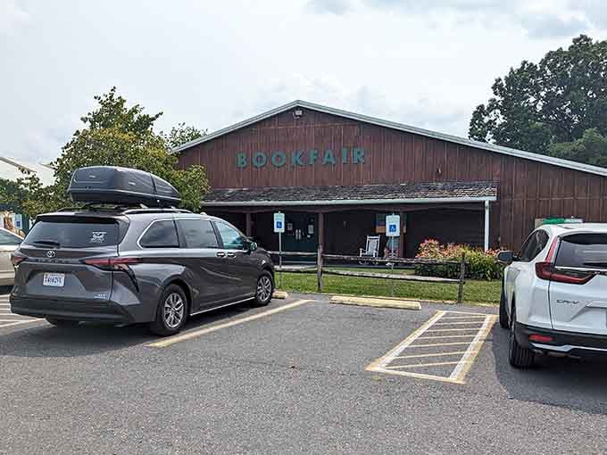 The parking lot tells you everything: roof racks ready, trunks empty, book lovers prepared for serious shopping.