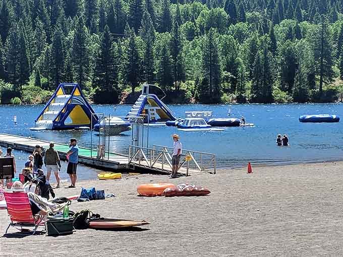 The floating waterpark stretches across Lake Siskiyou like a blue-and-yellow playground designed by someone who really understands fun.