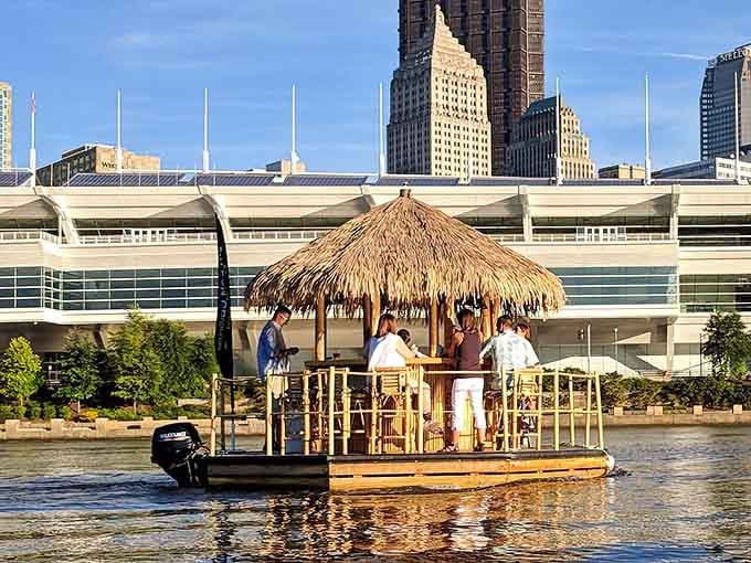 Nothing says "Pittsburgh" quite like a thatched roof floating past skyscrapers and convention centers on a Tuesday afternoon.