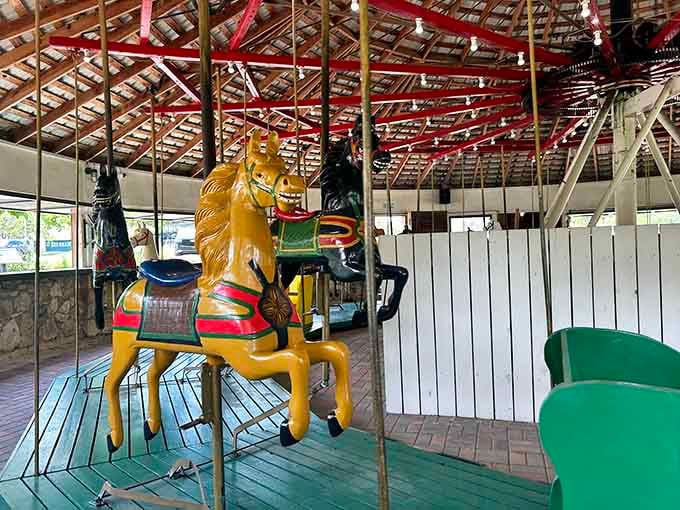 A golden horse frozen mid-gallop, ready to carry dreamers young and old around this magical circle of joy.