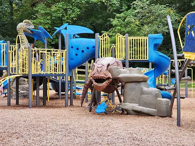 That toothy grin suggests this T-Rex is friendlier than the Jurassic Park versions, and considerably safer for climbing.