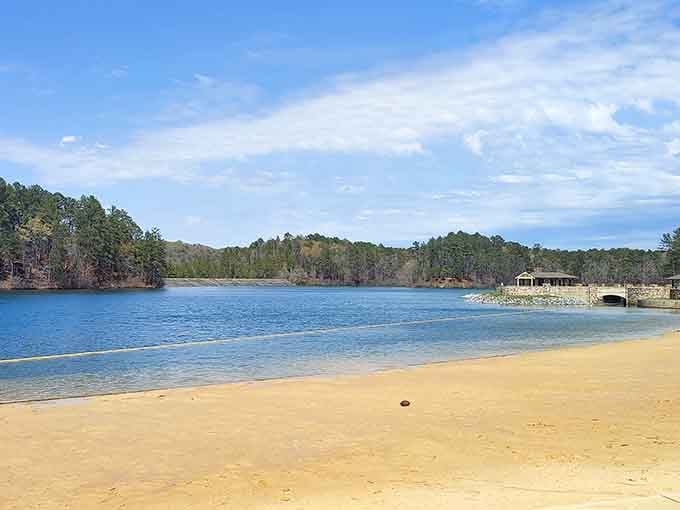 That sandy shoreline stretching along Double Oak Lake looks suspiciously like a beach vacation minus the sunburn regrets.
