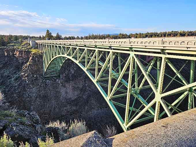 The vintage steel arch bridge gleams in afternoon light, a testament to 1920s engineering ambition and style.