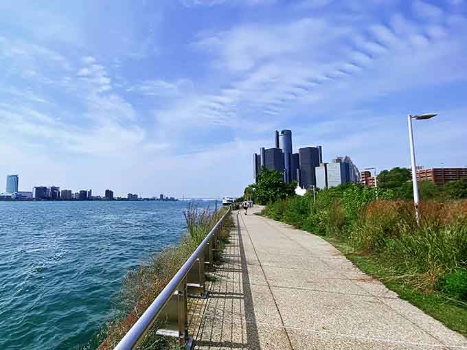 The Detroit River sparkles like nature's own welcome mat, inviting you to leave your worries behind.