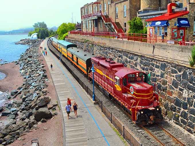 Running right along Lake Superior's shore, because apparently regular train rides weren't scenic enough for Minnesota's standards.