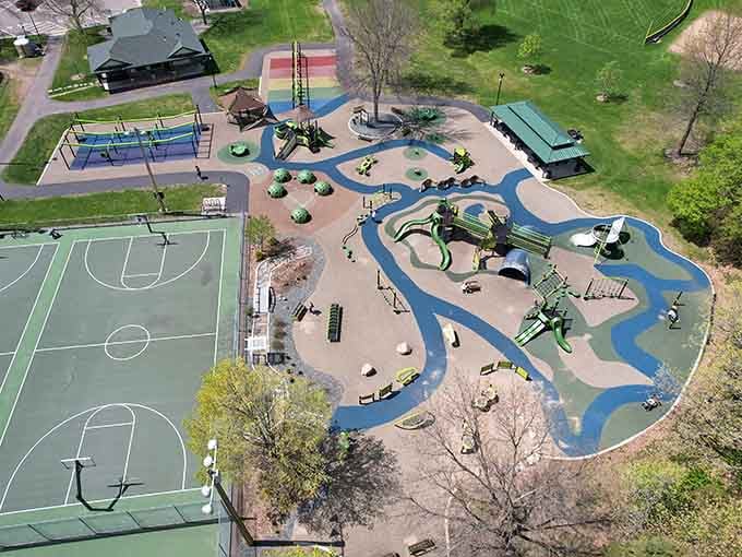 From above, those winding blue pathways look like rivers of possibility connecting islands of pure childhood joy.