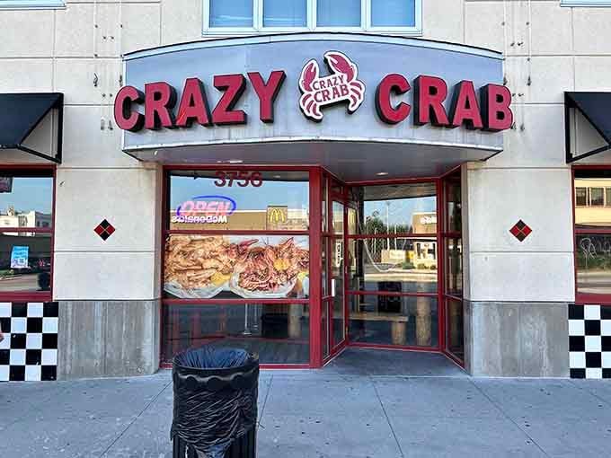 That cheerful crab logo isn't just decoration, it's a promise of the delicious seafood adventure waiting inside.