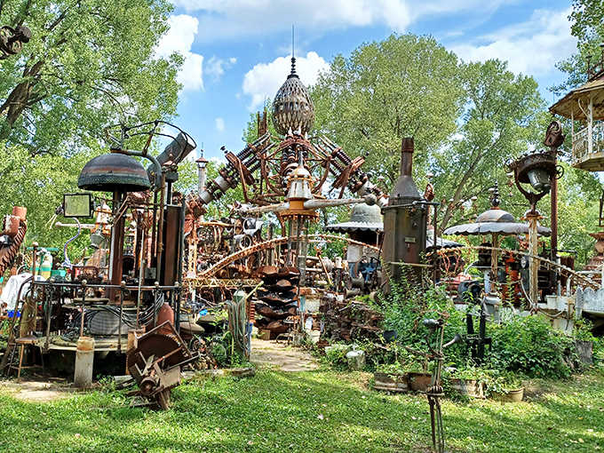 The Forevertron rises like a Victorian scientist's fever dream made gloriously real in rusted steel and salvaged wonder.