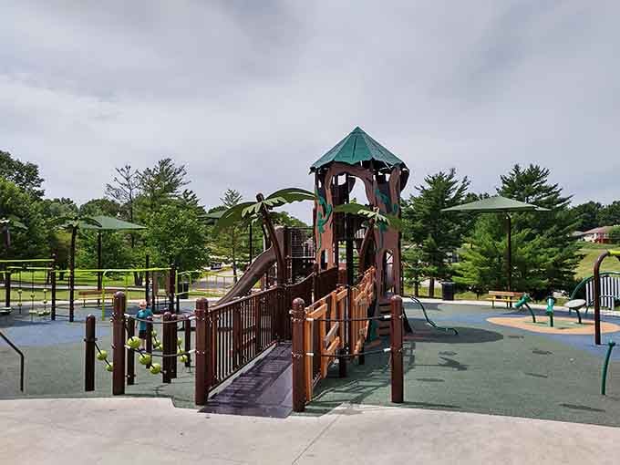 A bridge and a tower create an adventure playground where imagination runs wilder than the kids climbing through it.