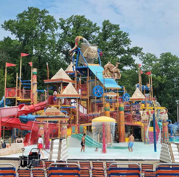 Tiki Lagoon rises like a multi-story playground where water replaces gravity and kids replace common sense beautifully.