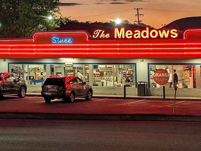 When the neon lights up at dusk, The Meadows glows like a delicious spaceship that landed in Pennsylvania.