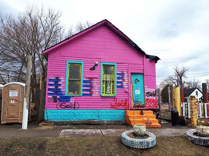 That hot pink house with turquoise trim isn't a fever dream, it's Detroit's most colorful statement about transformation.