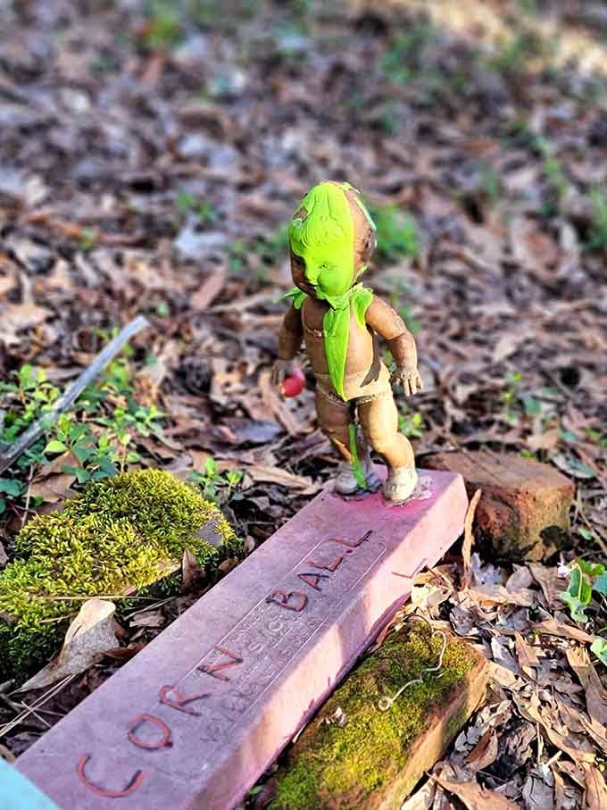 When the Incredible Hulk looking doll meets vintage toy nostalgia, you get this wonderfully weird forest guardian watching over moss-covered memories.
