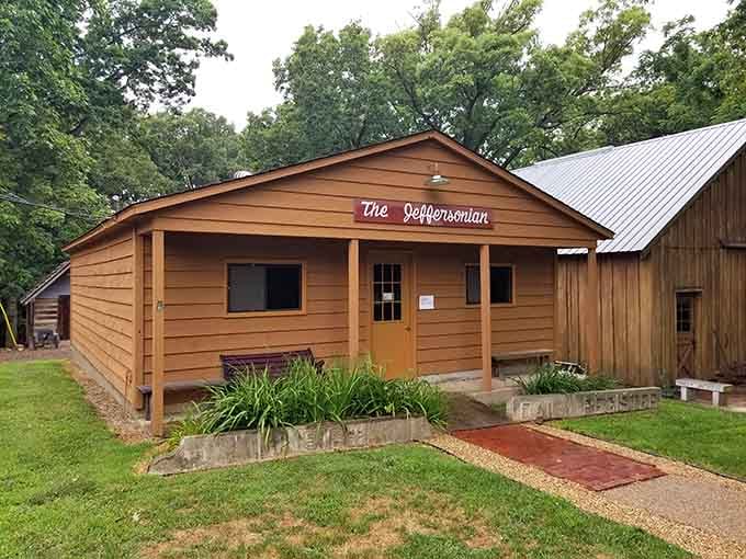 The Jeffersonian building stands proud with its fresh wood siding, welcoming you to step back into history.