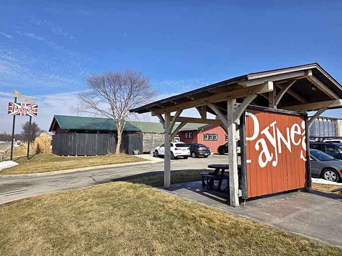 Payne's charming exterior welcomes you to Gas City's most surprising culinary destination with unmistakable British flair.