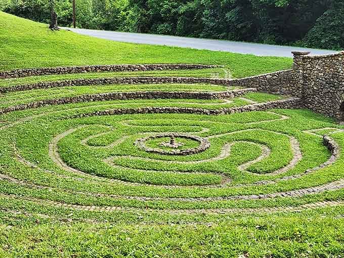 Lush green pathways wind toward the center, where all your deep thoughts and grocery lists magically disappear.