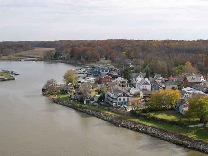 From above, this waterfront village looks like a model train set come to life, complete with tiny boats and autumn colors.
