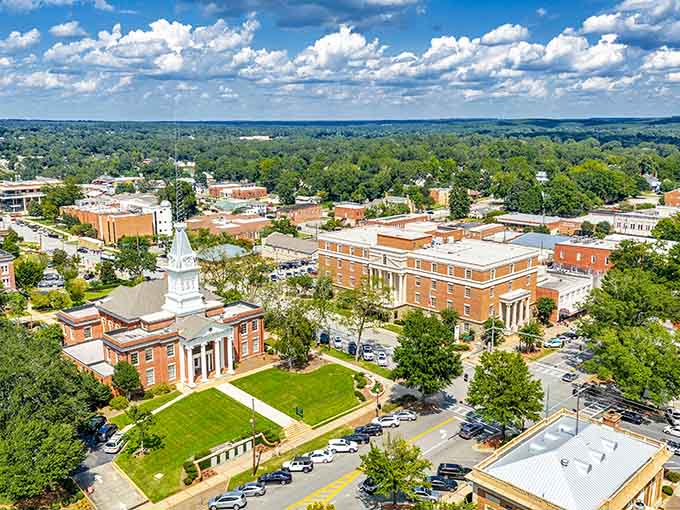 Downtown Milledgeville from above looks like someone organized all the best parts of Southern charm into one perfect postcard view.