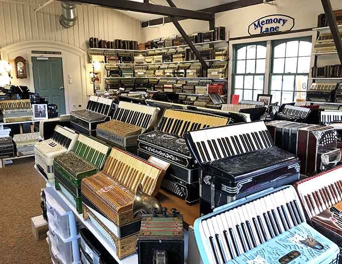 Wall-to-wall accordions in every shade and size create a symphony for the eyes before your ears.