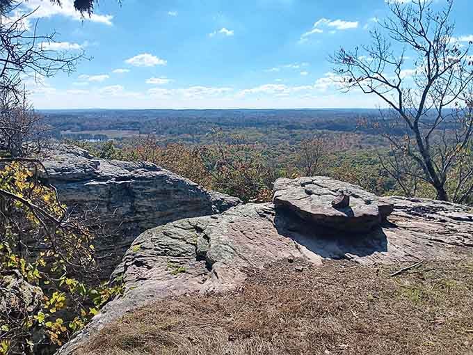 Ancient sandstone ledges frame endless forest views that prove Illinois has been hiding serious natural drama all along.