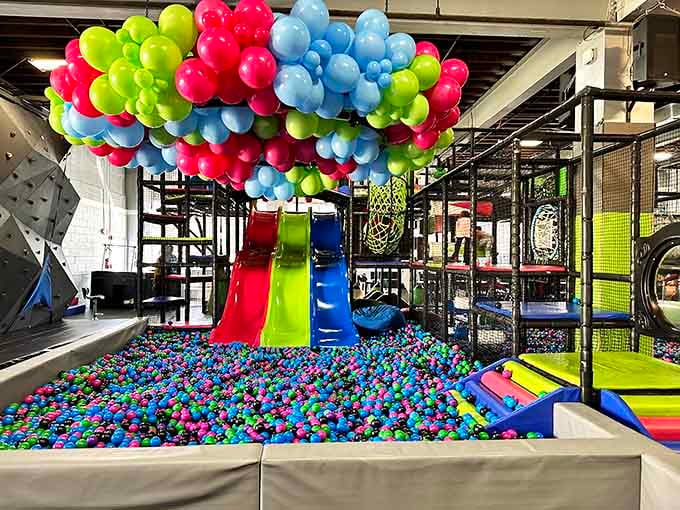 Those colorful slides spilling into an ocean of ball pit glory look like Willy Wonka designed a playground.