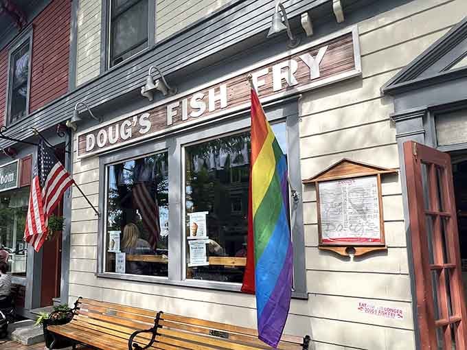 The simple exterior welcomes everyone, from lake visitors to locals who've been coming here for decades.