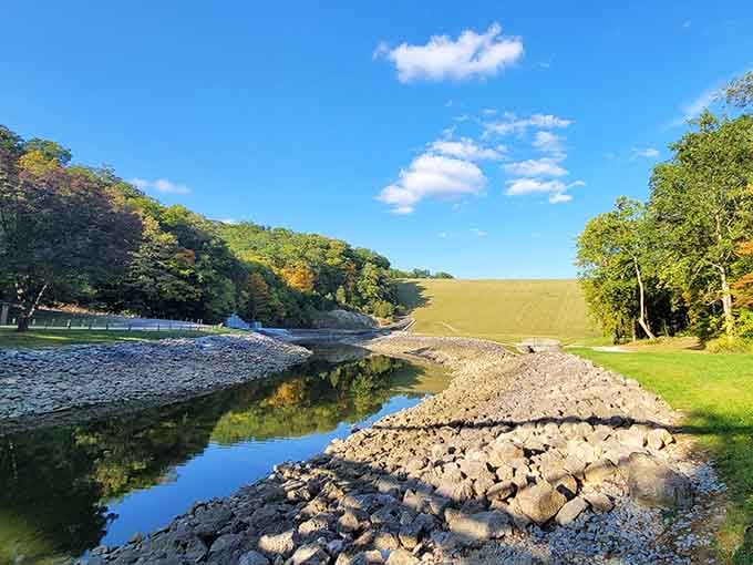 The spillway at Caesar Creek where ancient limestone meets modern engineering in perfect harmony.