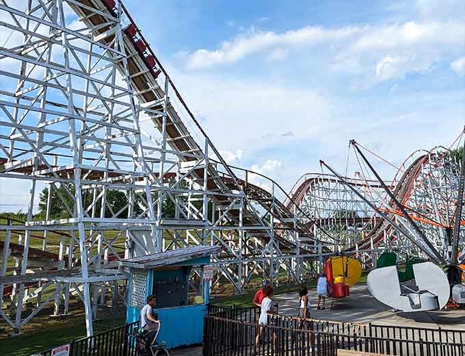 Classic rides tower against blue skies at Stricker's Grove, where nostalgia meets genuine thrills in Hamilton.