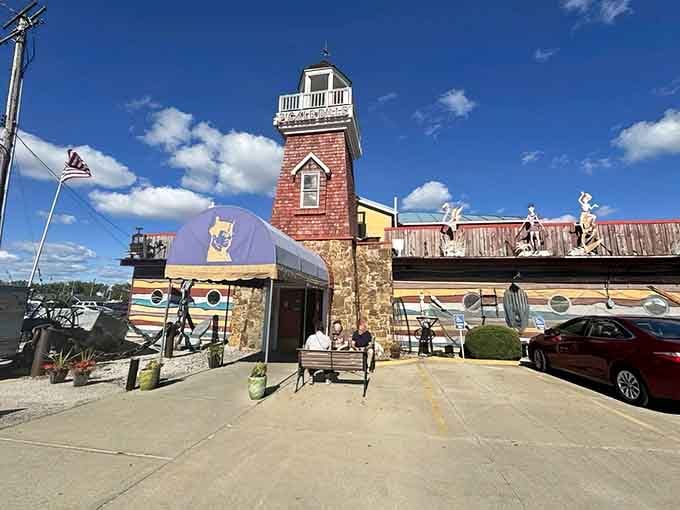That bright blue and yellow exterior isn't just a building, it's a beacon calling seafood lovers home.