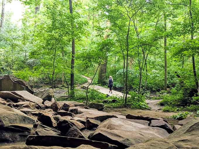 Massive sandstone slabs create natural pathways through lush forest, making you feel like you've discovered a secret ancient world in Illinois.