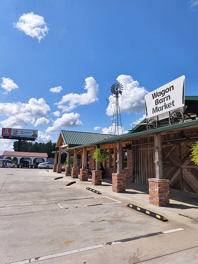 The iconic wagon sign and windmill combo proves that sometimes the best landmarks are the simplest ones.