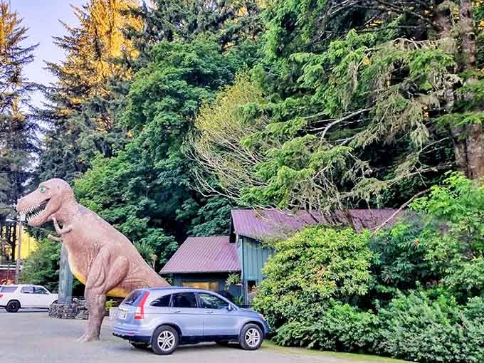 That's your welcoming committee: a T-rex casually hanging out in the parking lot like it owns the place.