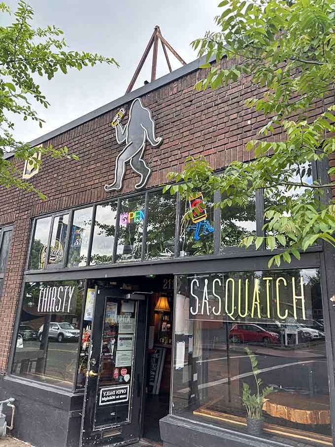 That Sasquatch silhouette raising a beer above the storefront isn't just decor, it's a lifestyle choice we can all support.