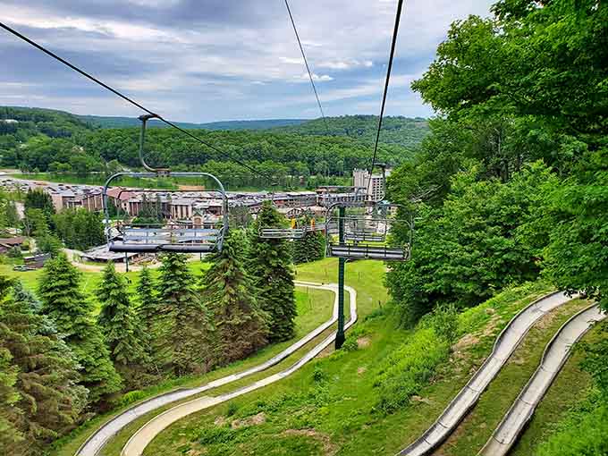 The chairlift view reveals the whole operation: slides snaking down, base area buzzing, mountains watching over everything approvingly.